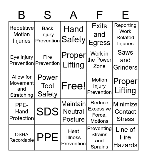 Safety Buck Bingo Card