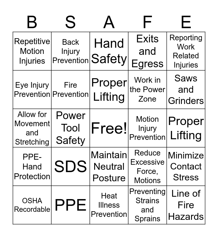 Safety Buck Bingo Card