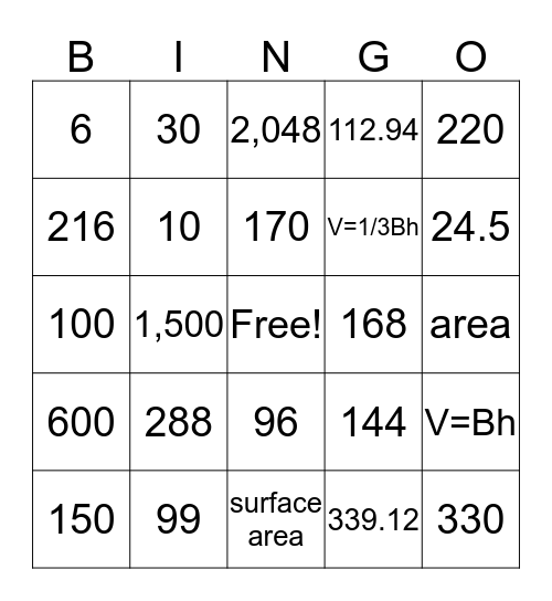 Volume and Surface Area Bingo Card
