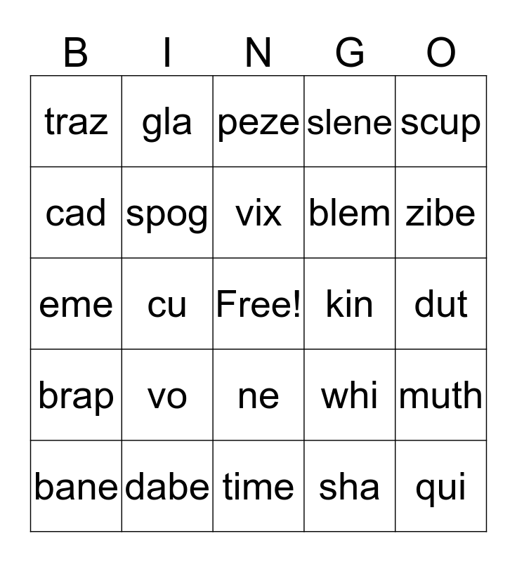 Syllable Bingo Card