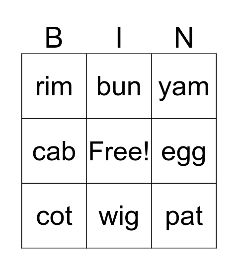 Phonetic Words Bingo Card