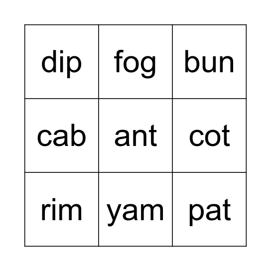 Phonetic Words Bingo Card