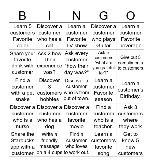 Starbucks Customer Connection Bingo Card