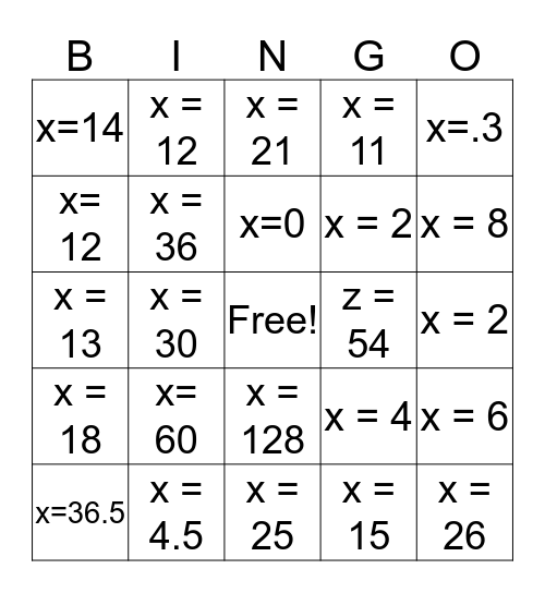 Solving Equations Bingo Card