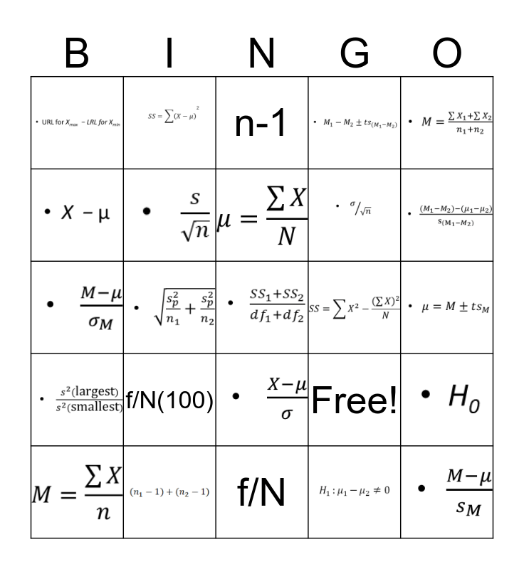 Stats Terms and Formula Bingo Card