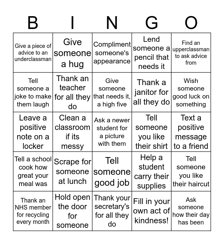 Act of kindness bingo Card