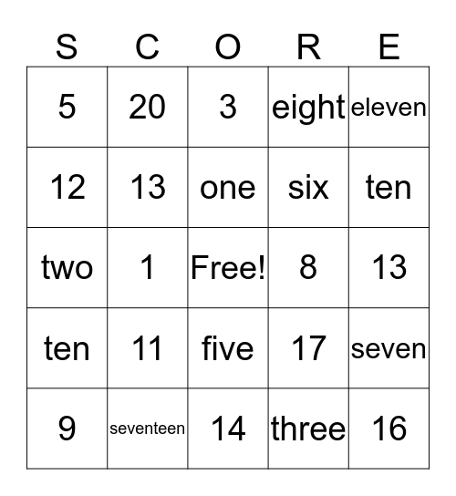 Number Sense Bingo Card