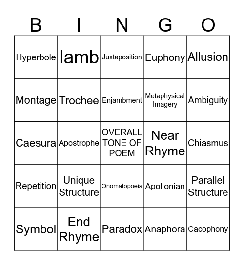 Poetry Bingo Card
