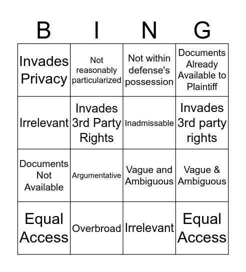 Discovery Objections Bingo Card