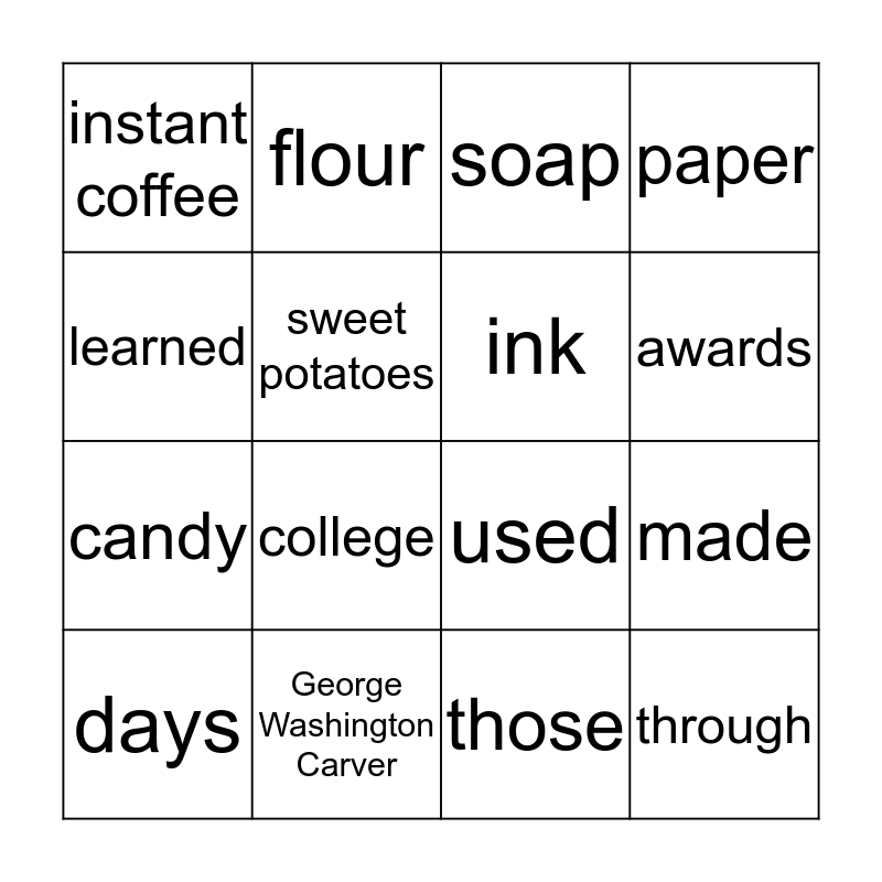 George Washington Carver - 2.0 Bingo Card
