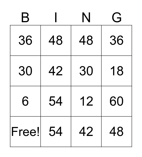 Multiplication x 6 Bingo Card