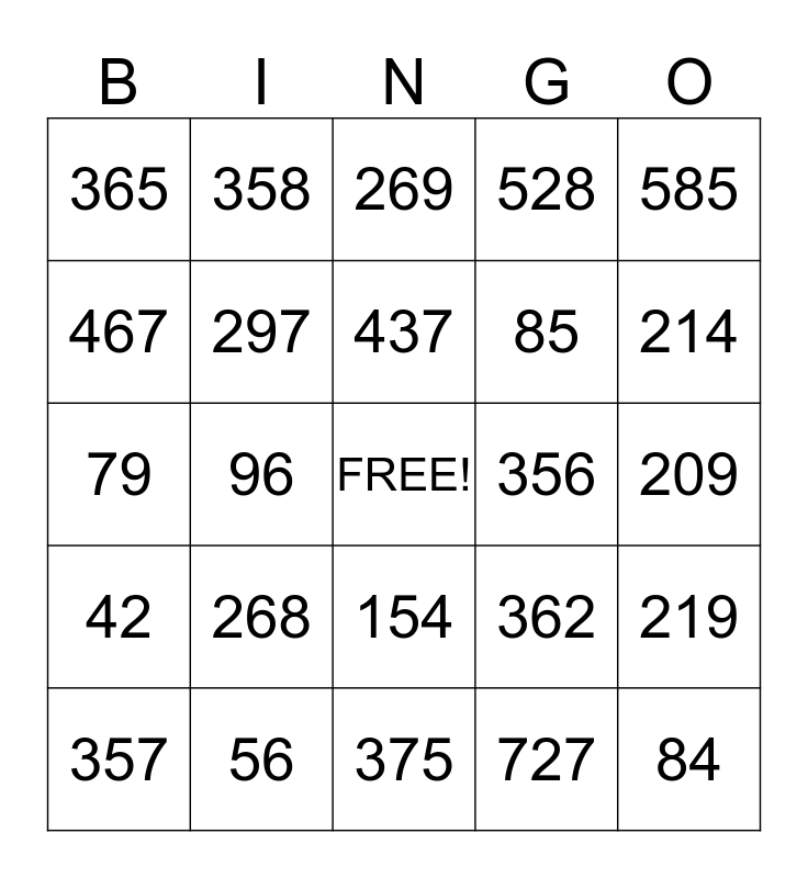 Subtraction Regrouping Bingo Card