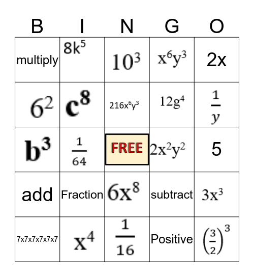 Exponents & Exponent Rules Bingo Card