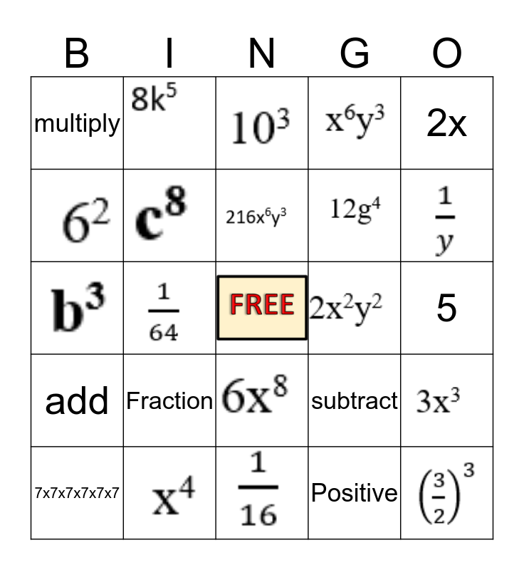 Exponents & Exponent Rules Bingo Card