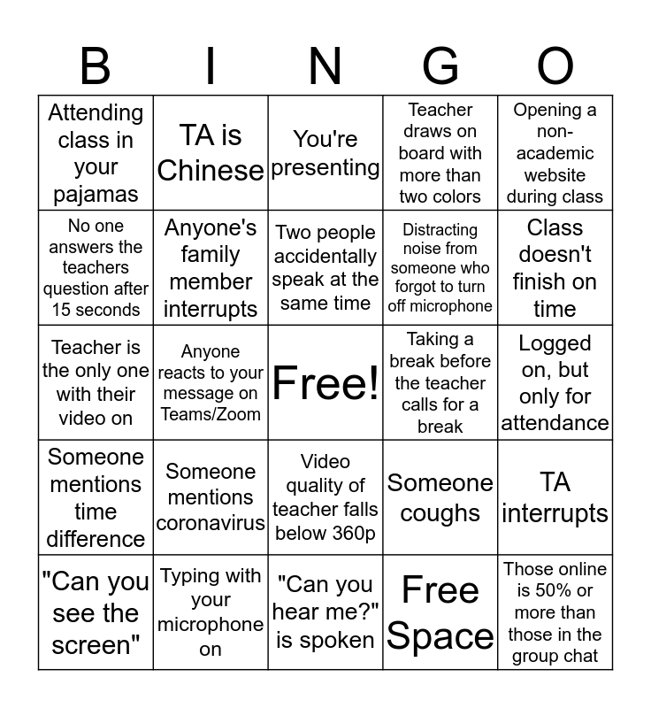 Online Learning Bingo Card
