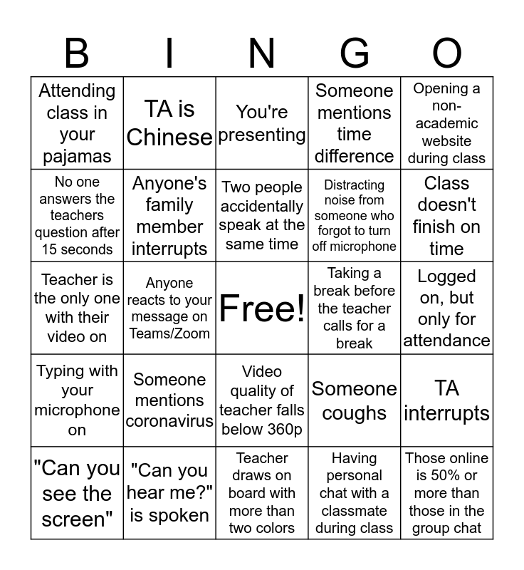 Online Learning Bingo Card
