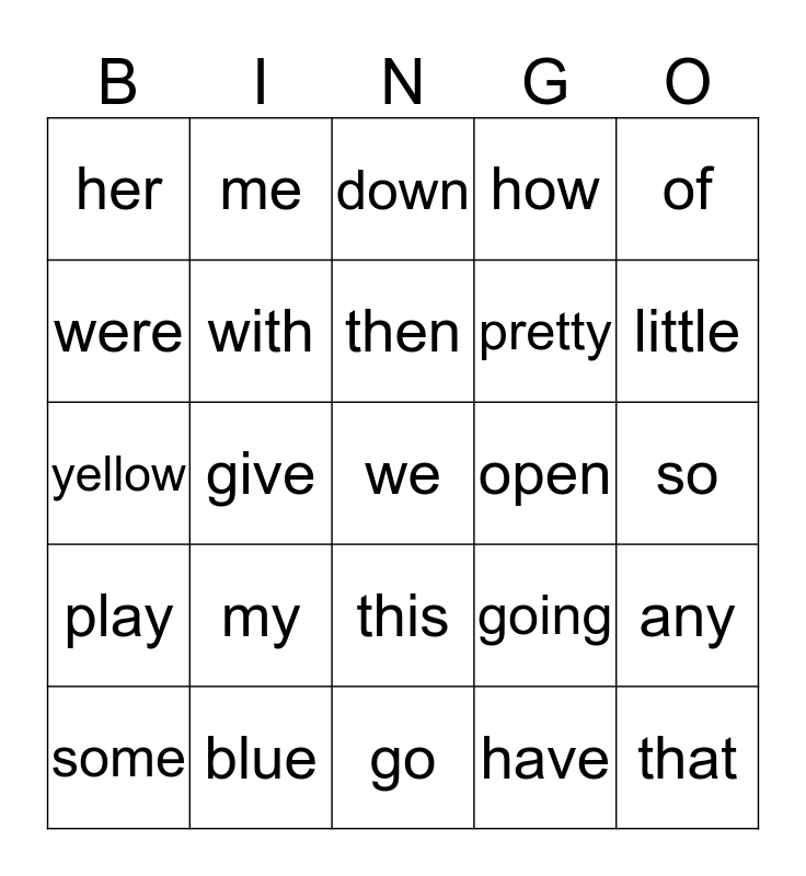 Kindergarten Sight Words 2020 Bingo Card