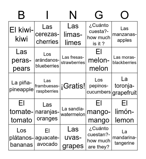 Las frutas Bingo Card