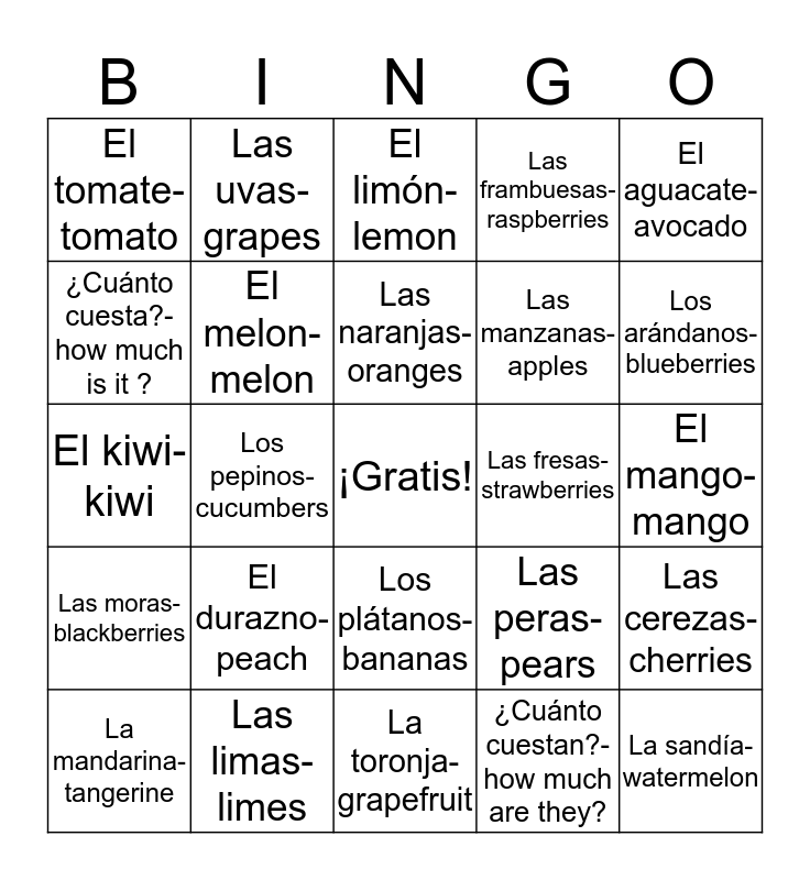 Las frutas Bingo Card