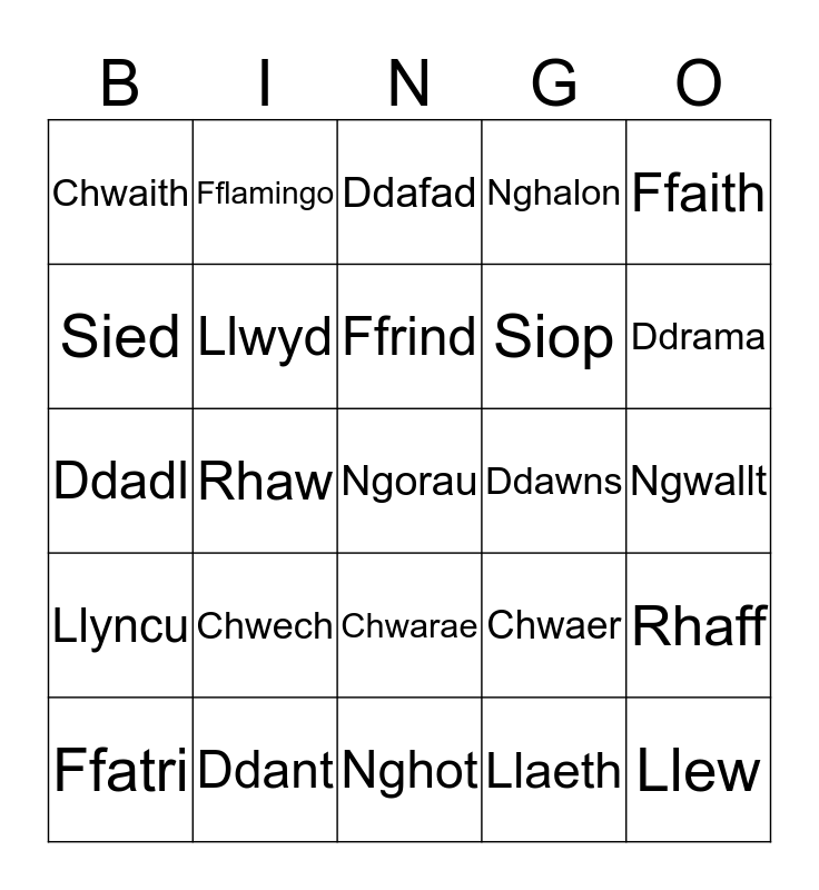 Llythrennau Dwbl Bingo Card