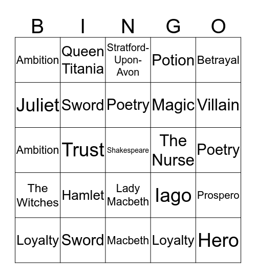 Shakespeare Bingo Card