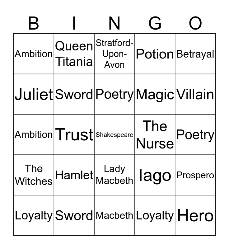 Shakespeare Bingo Card