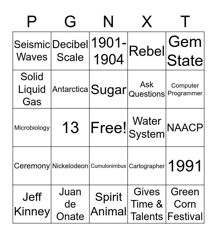 Pebble Go Next Bingo Bingo Card