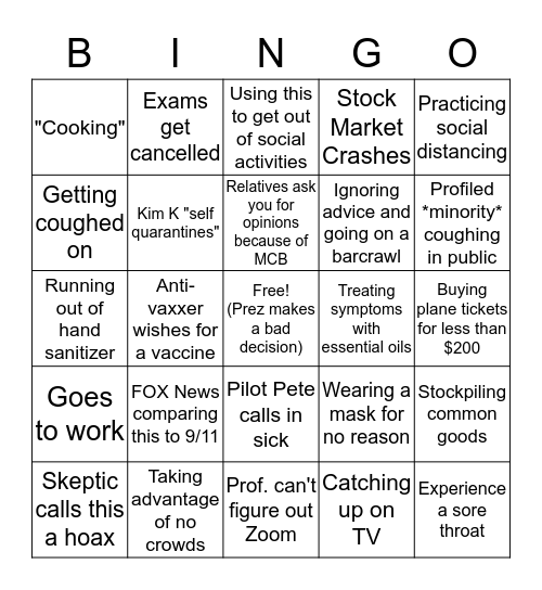 COVID-19 Bingo Bash Bingo Card