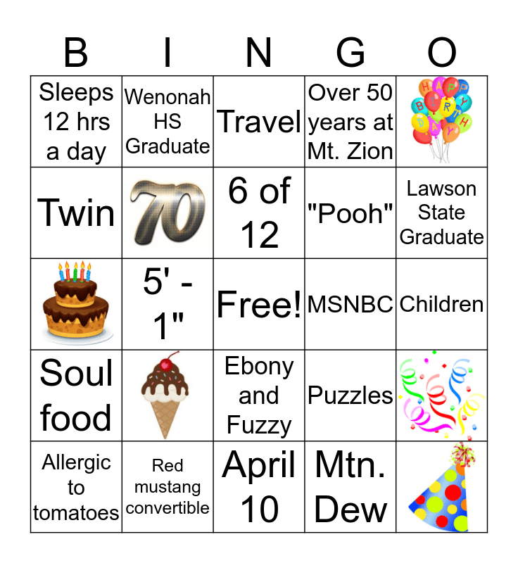 Willie Mae's Birthday Bingo Card