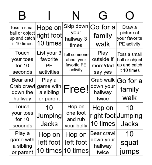 JK PE Distance Learning Bingo Card