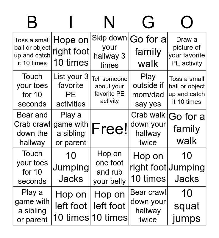 JK PE Distance Learning Bingo Card