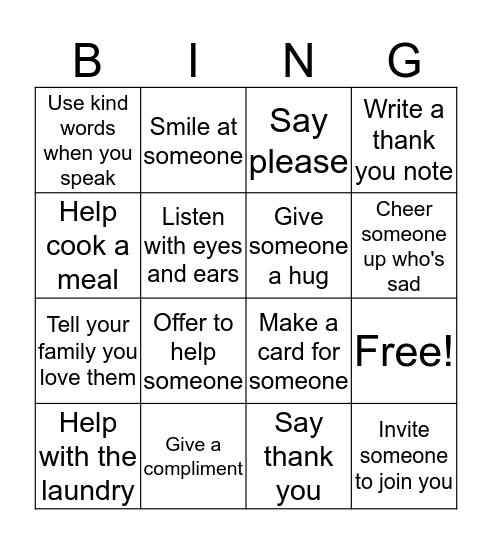 Bucket Filler BINGO Card