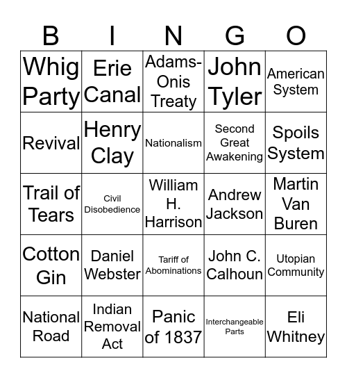 US History Bingo Card