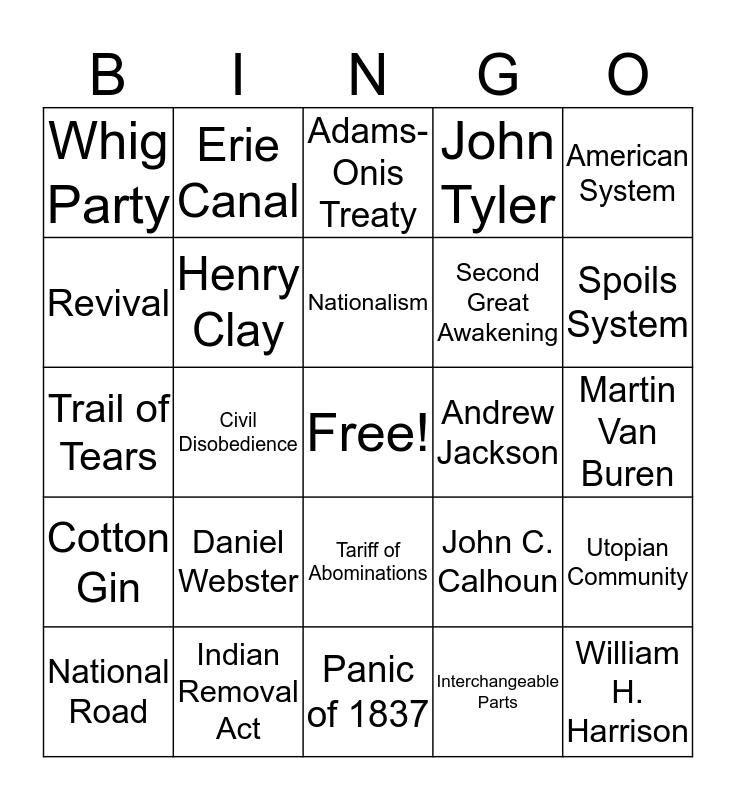US History Bingo Card