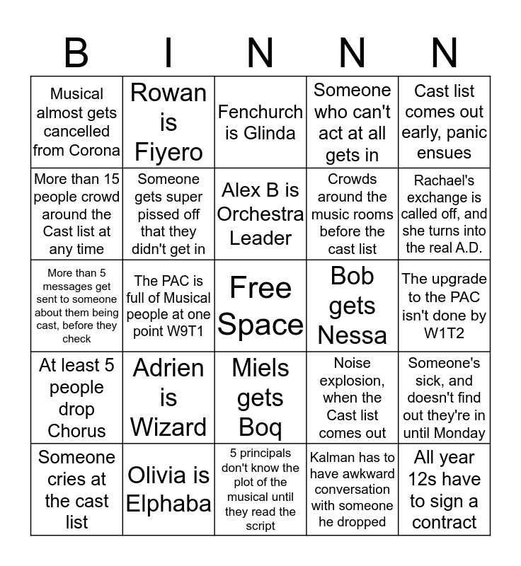 BHS Wicked The Musical Bingo Card