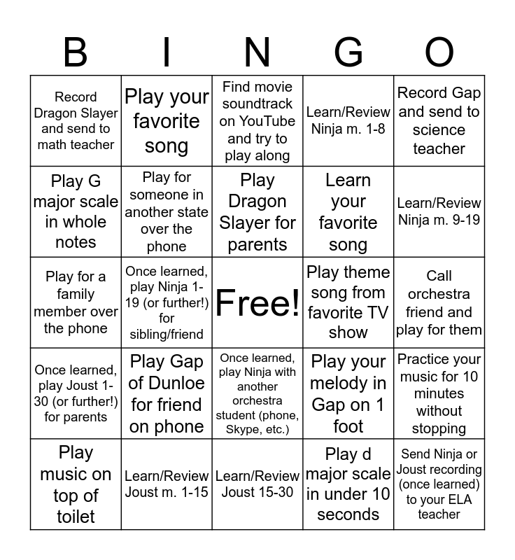 E-Learning Orchestra Bingo! Bingo Card