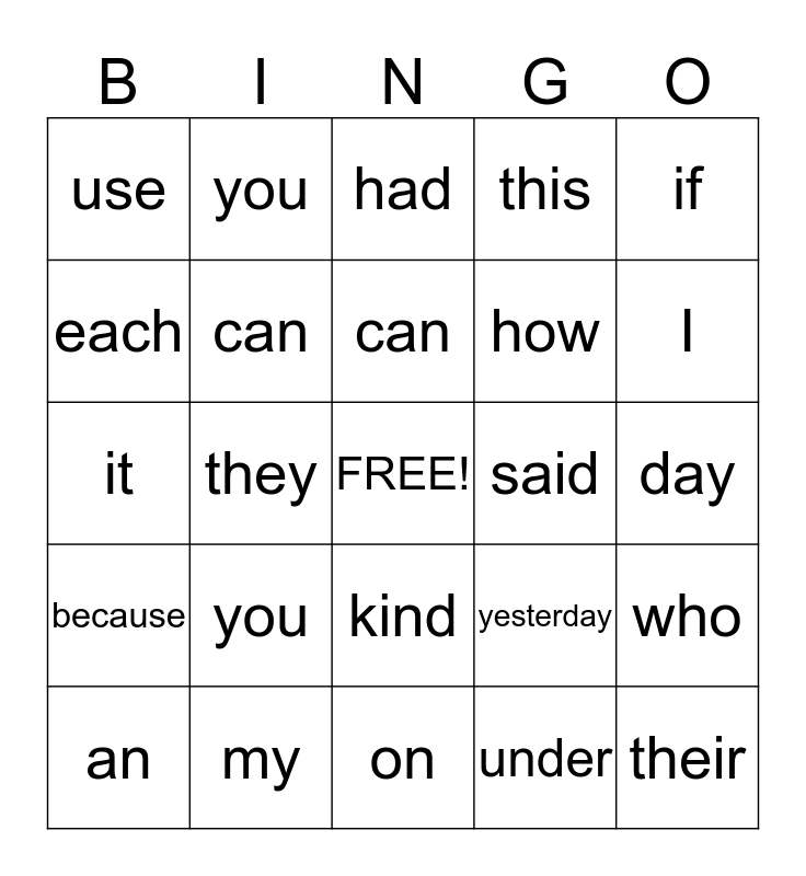 Word Bingo Card