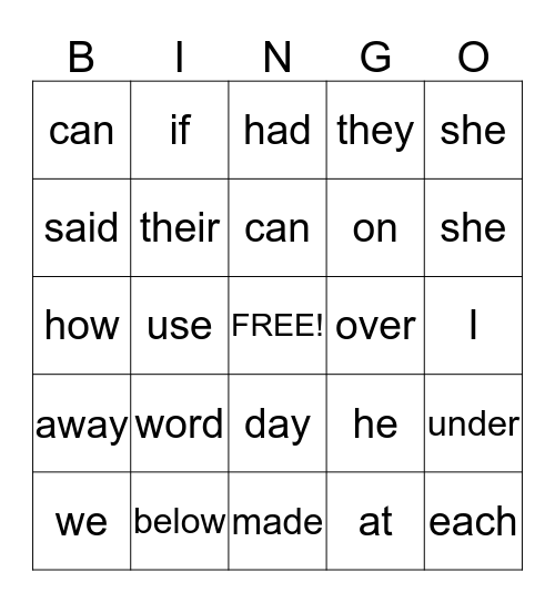Word Bingo Card