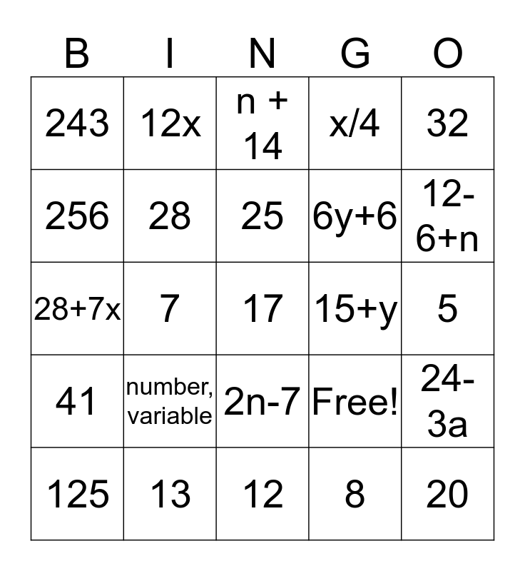Expressions Review Bingo Card