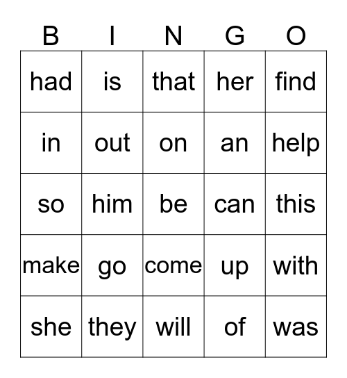 Kindergarten Sight Words List 2 Bingo Card