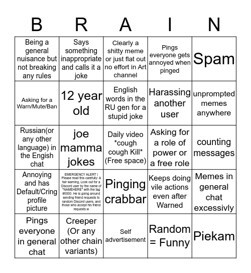 Brainlet Bingo Card