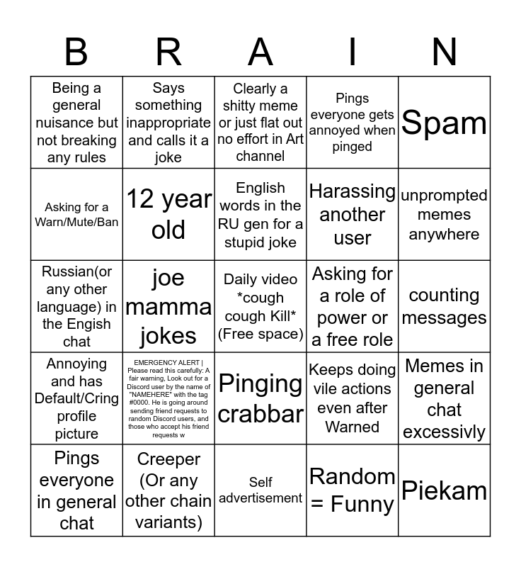 Brainlet Bingo Card