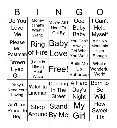 Music Bingo 60s Bingo Card Music Bingo 60s Bingo Card