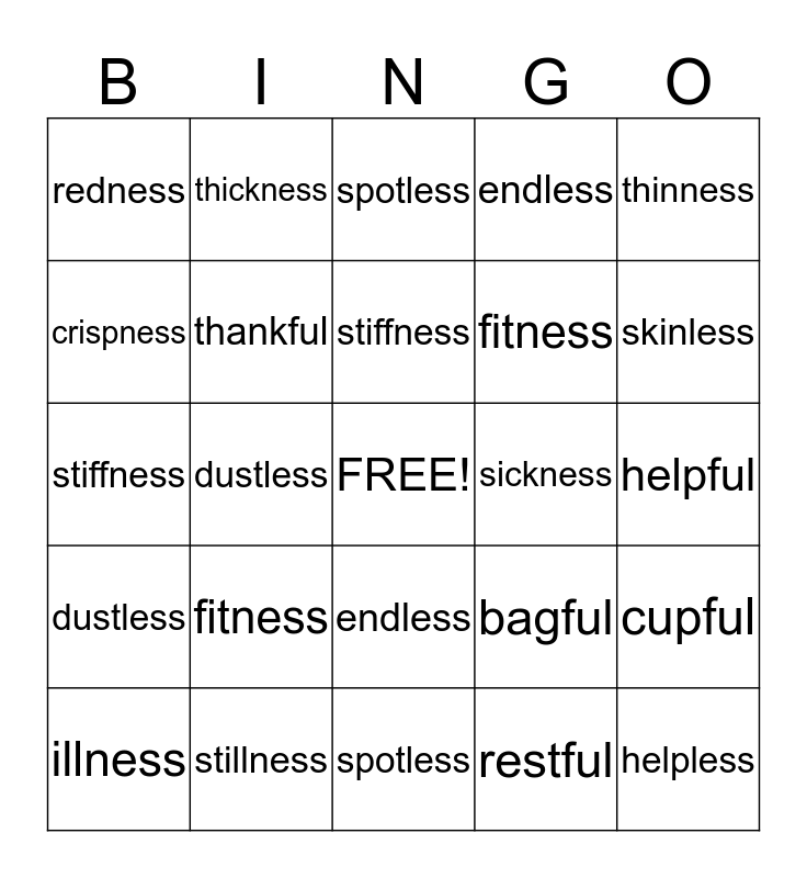 Suffix -ness -ful -less Bingo Card