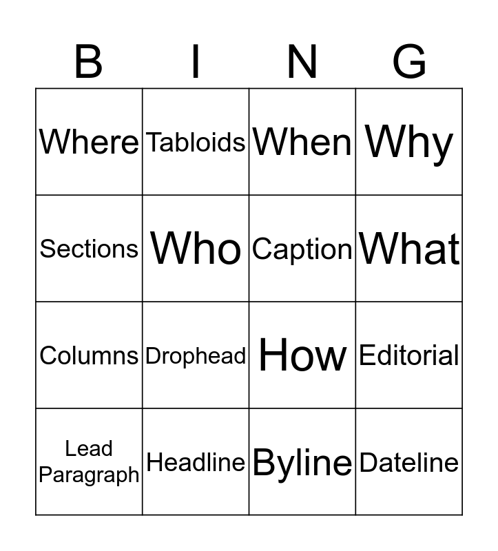 Newspaper Vocab Bingo Card