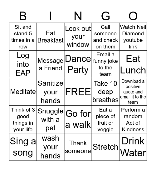 Health & Wellness Bingo Card
