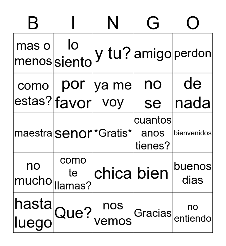 Basic Conversation Words Bingo Card