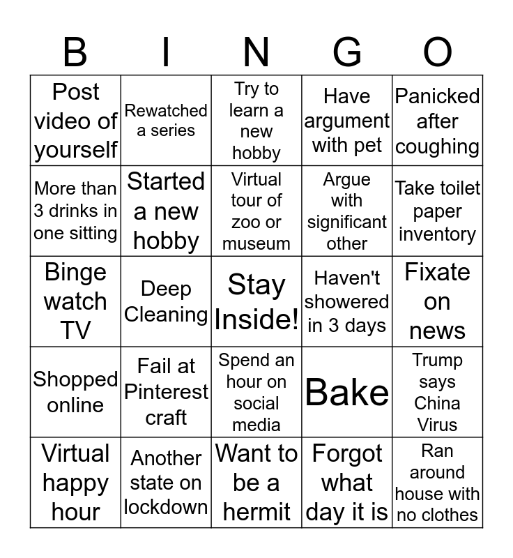 Social Distancing Bingo Card
