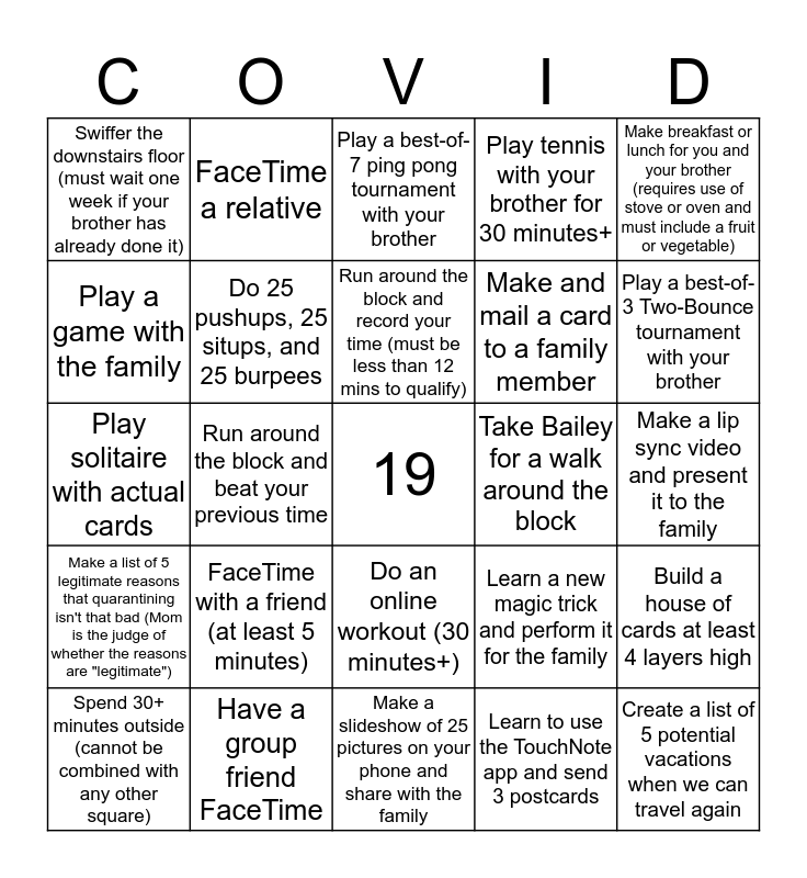 Coronavirus Bingo Card