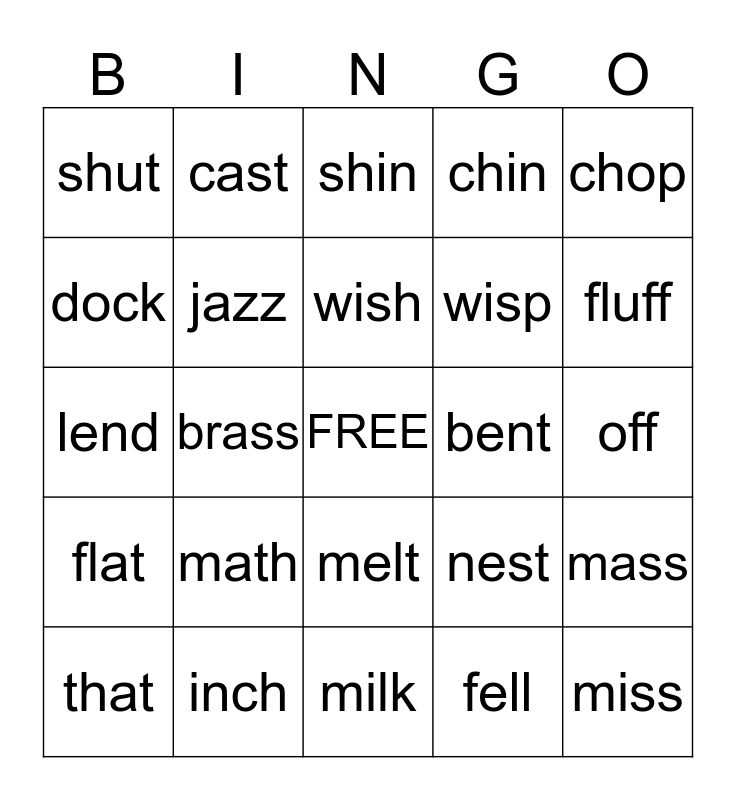 Closed-Syllable Words Bingo Card